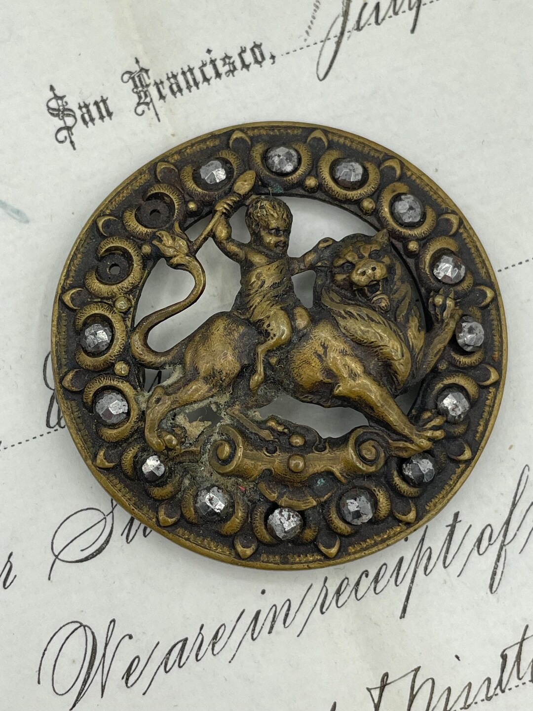 Satyr Riding Lion Cut Steel Metal Brass Button / Antique Cherub Cupid ...