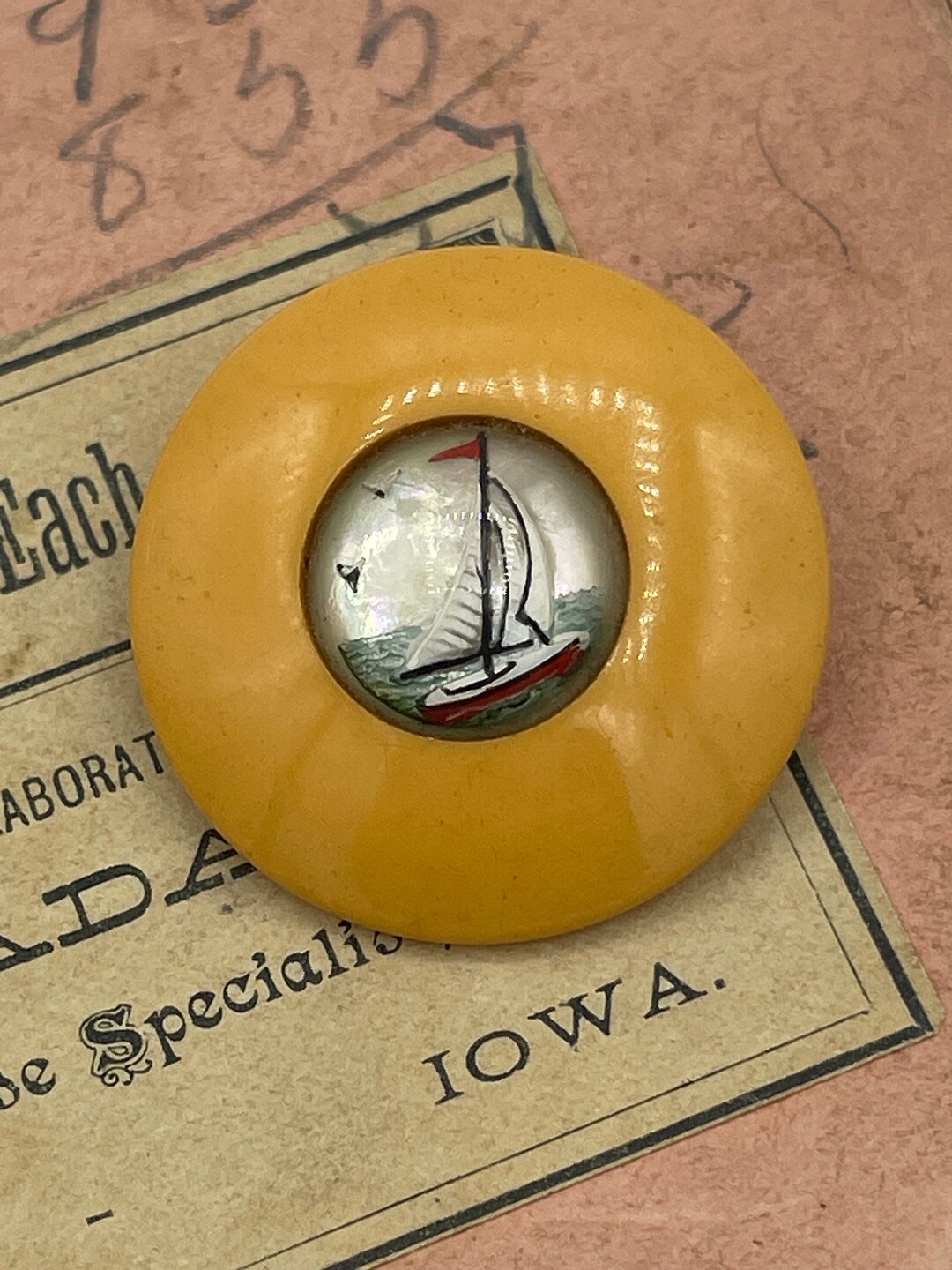 Vintage 1930s Intaglio Reverse Painted Sailboat Boat Sailing Glass Dome ...