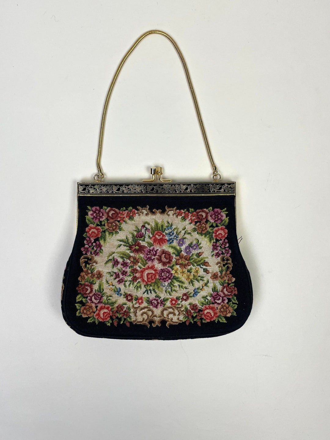 Vintage 1950s Petit Point Embroidered Black Small Wristlet Purse ...