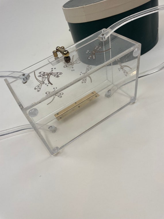 Vintage 1950s Clear Lucite Box Purse Gold Painted Rhi… - Gem