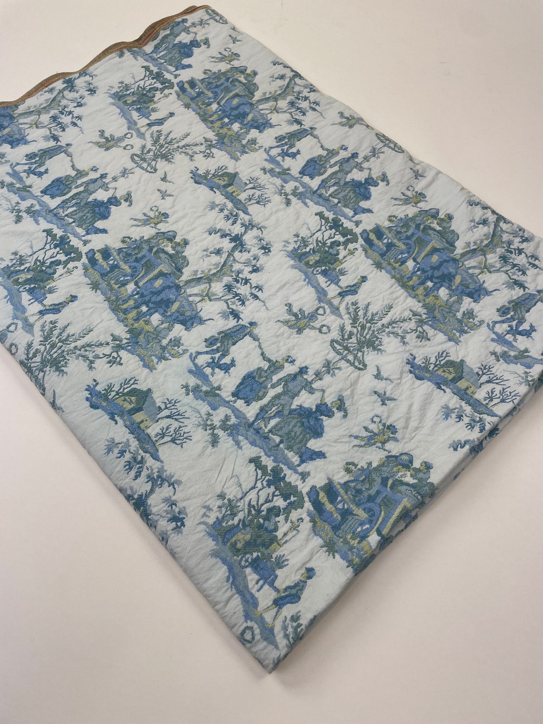 Vintage 1960s French Country Blue Chartreuse Toile Chinoiserie Woven ...