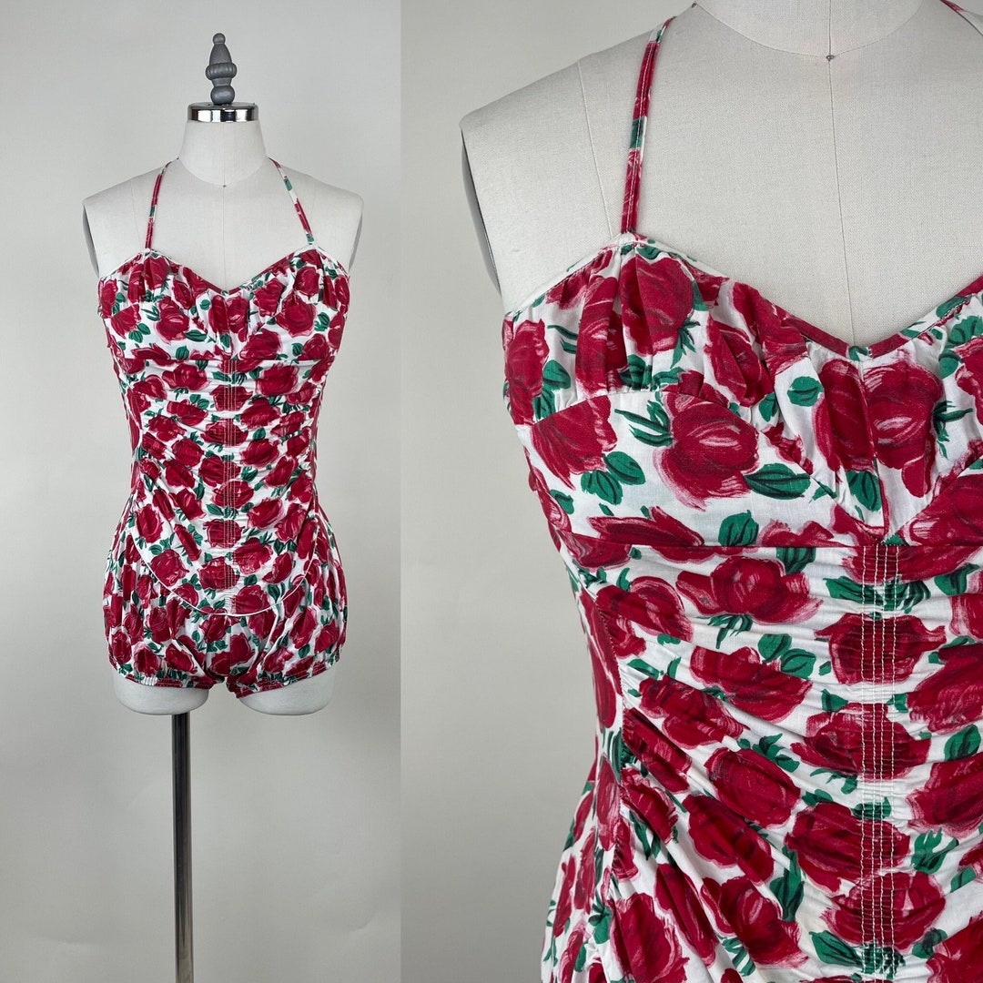 Vintage 1950s One Piece Red Roses Floral Pin up Swimsuit Bathing Suit ...