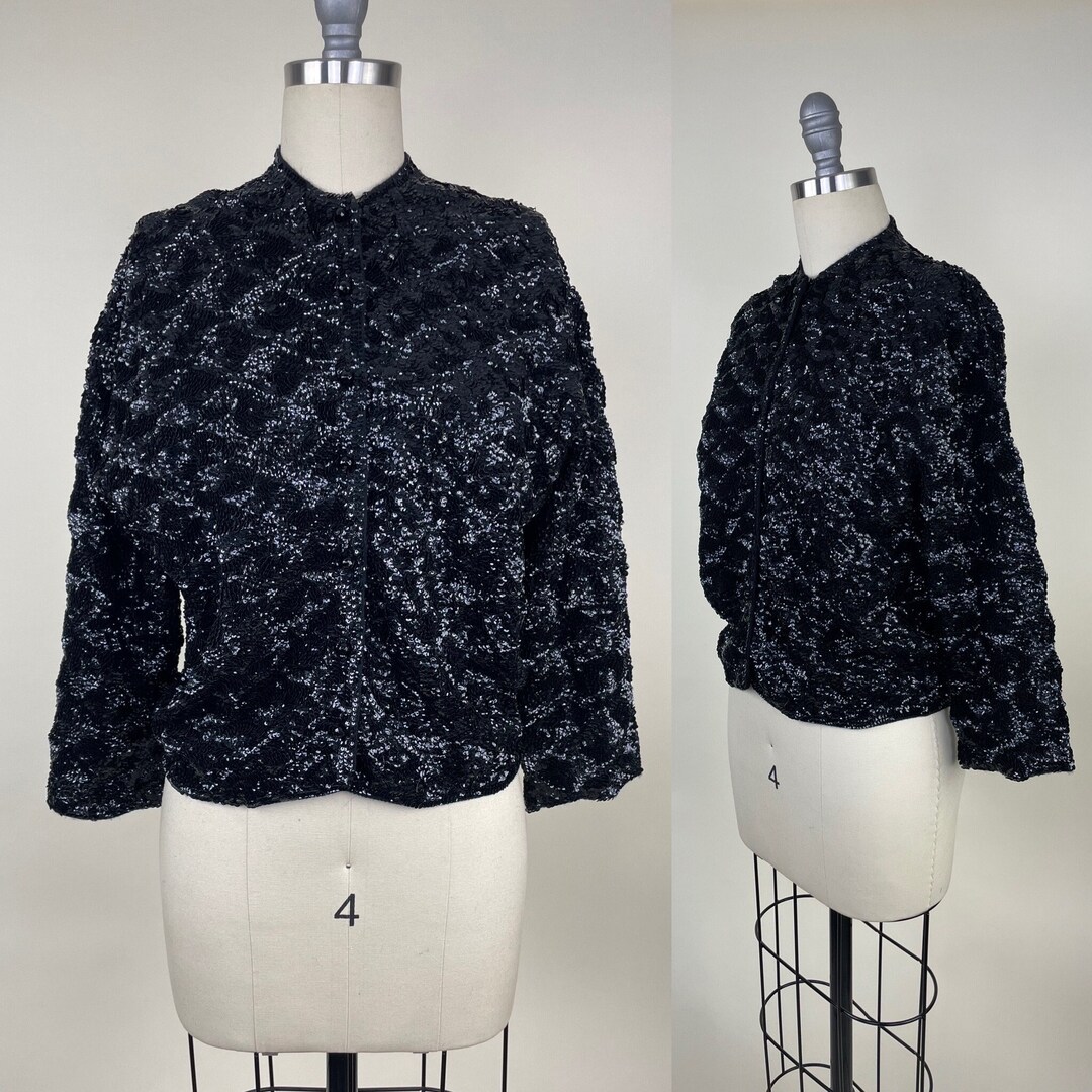 Vintage 1950s 1960s Black Sequin Sequined Short Lambswool Angora ...