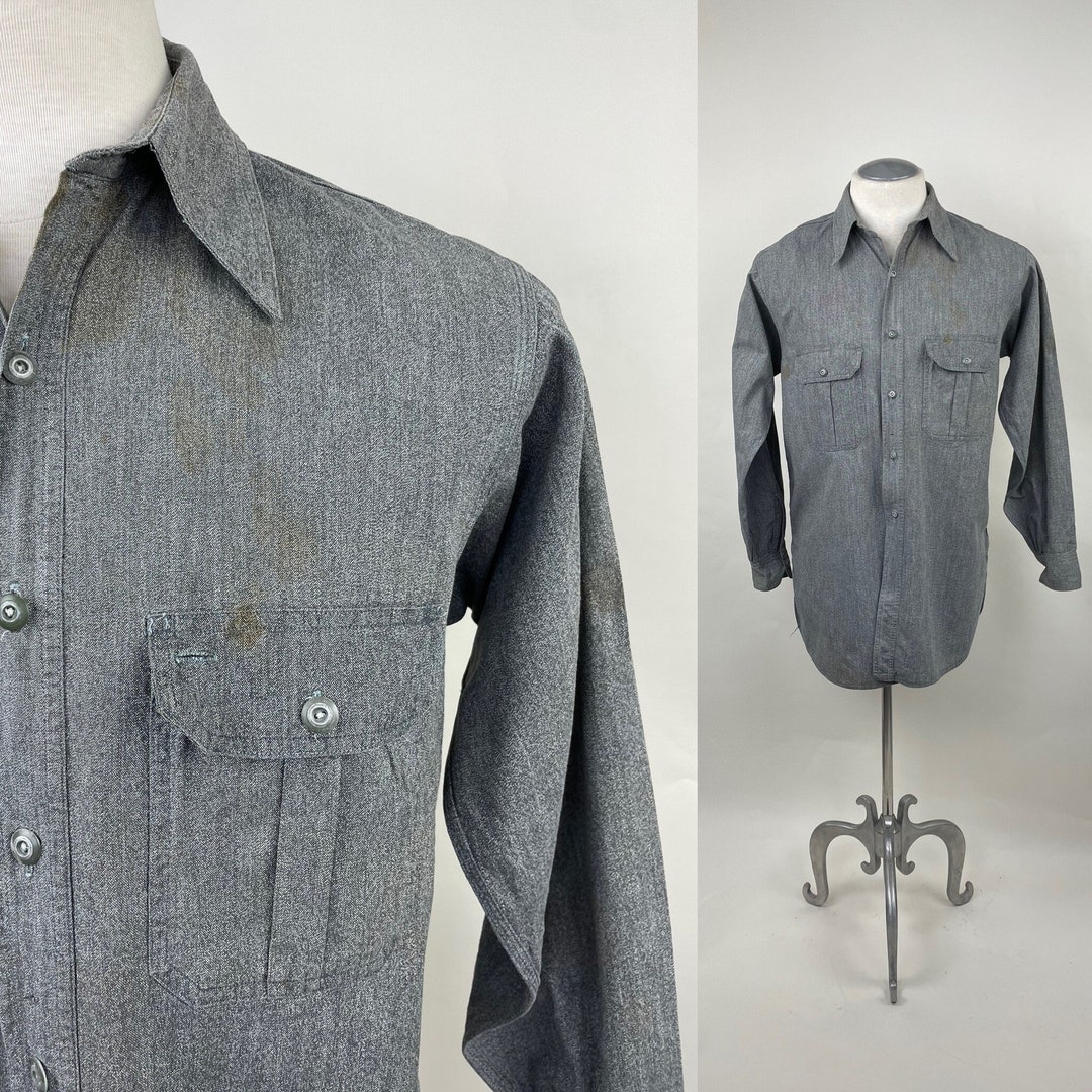 Vintage 1940s Montgomery Wards Salt and Pepper Mens Oxford Work Shirt ...