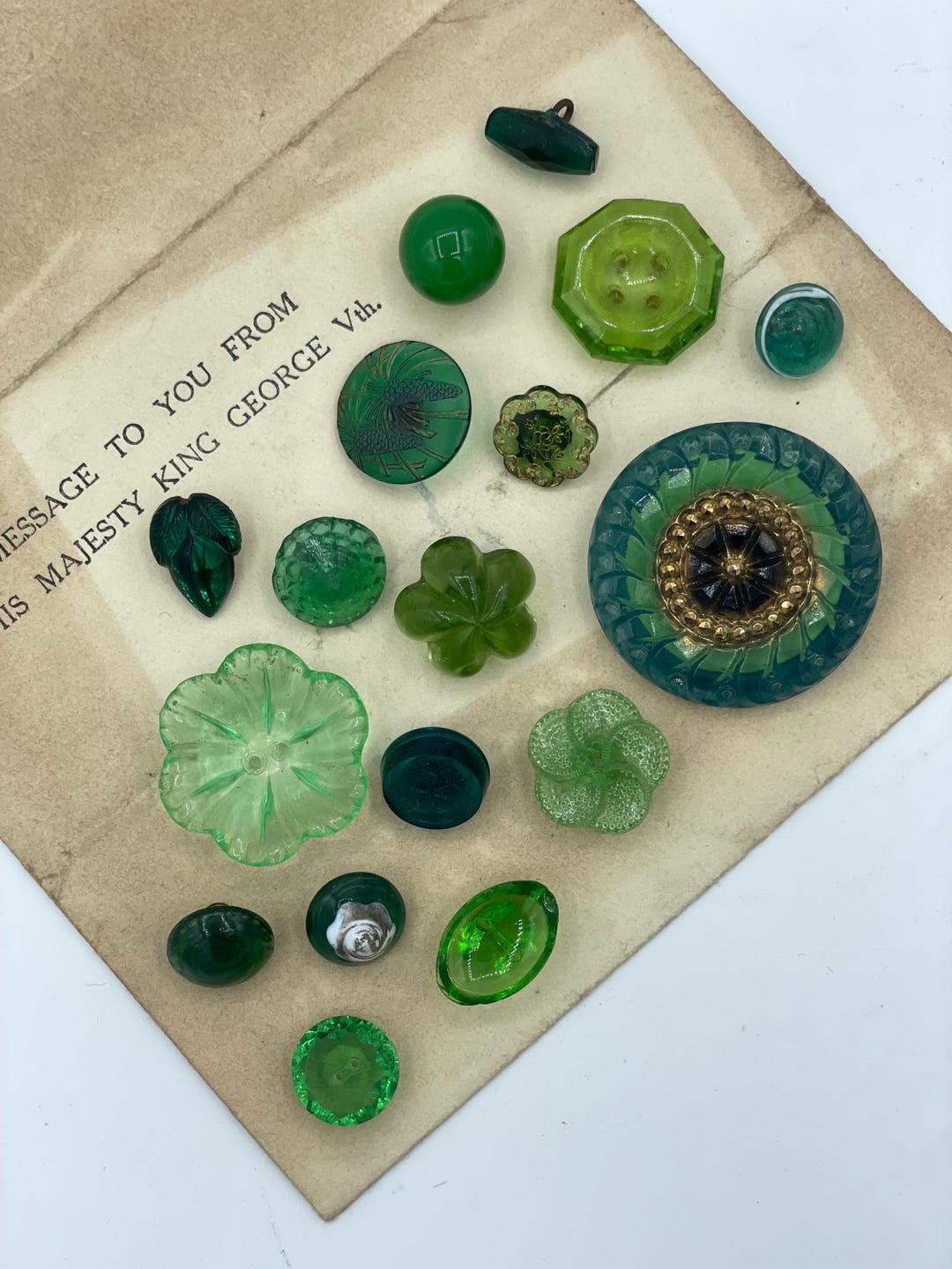 Vintage Green Glass Buttons / Goldstone Transparent Foil Back Luster ...