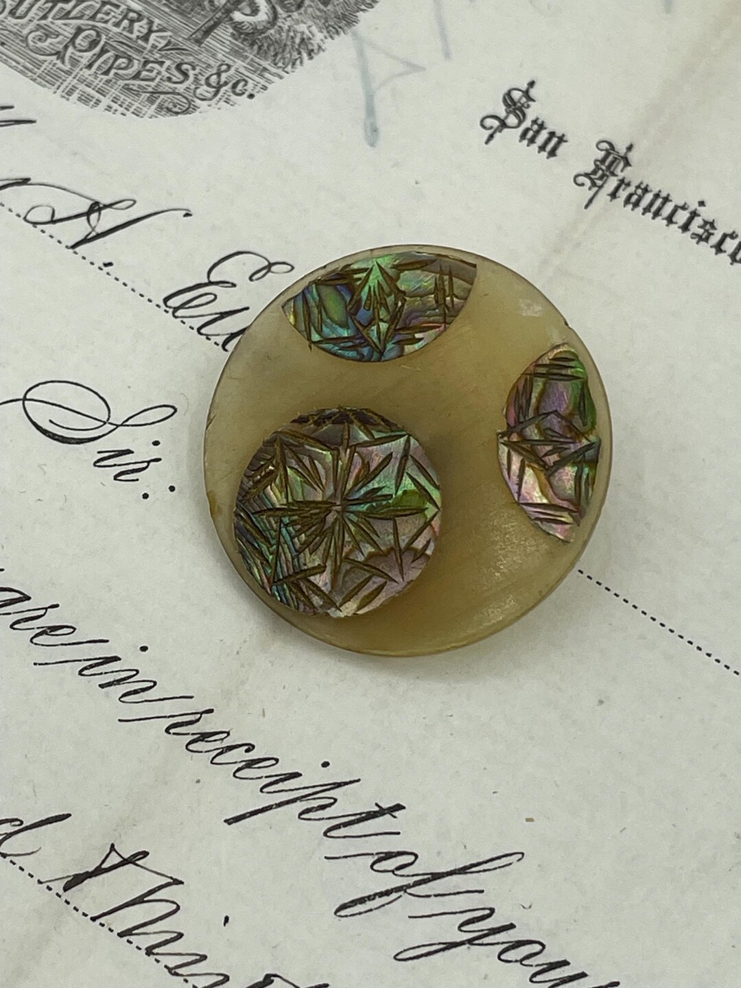 Antique 19th C Horn Inlay Abalone Shell Button Etsy