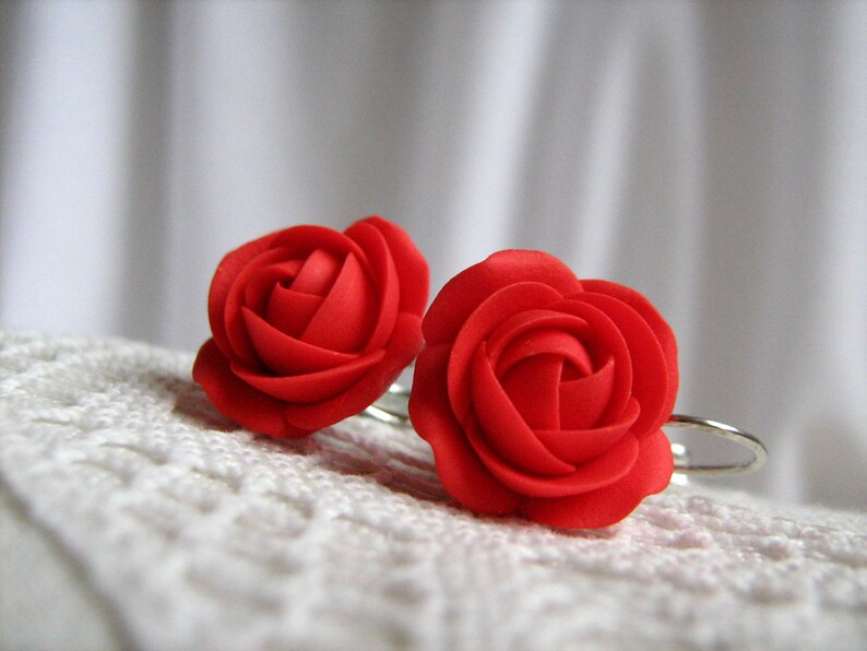 Polymer Clay Jewelry Set - Poppy Red Rose Flower Pendant With Stainless ...