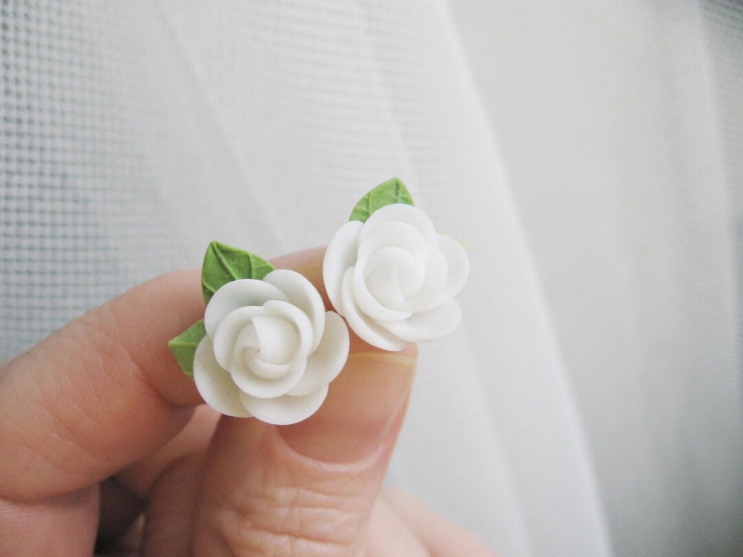 Polymer Clay Fimo Rose White Flower Studs Cute Earrings - Etsy