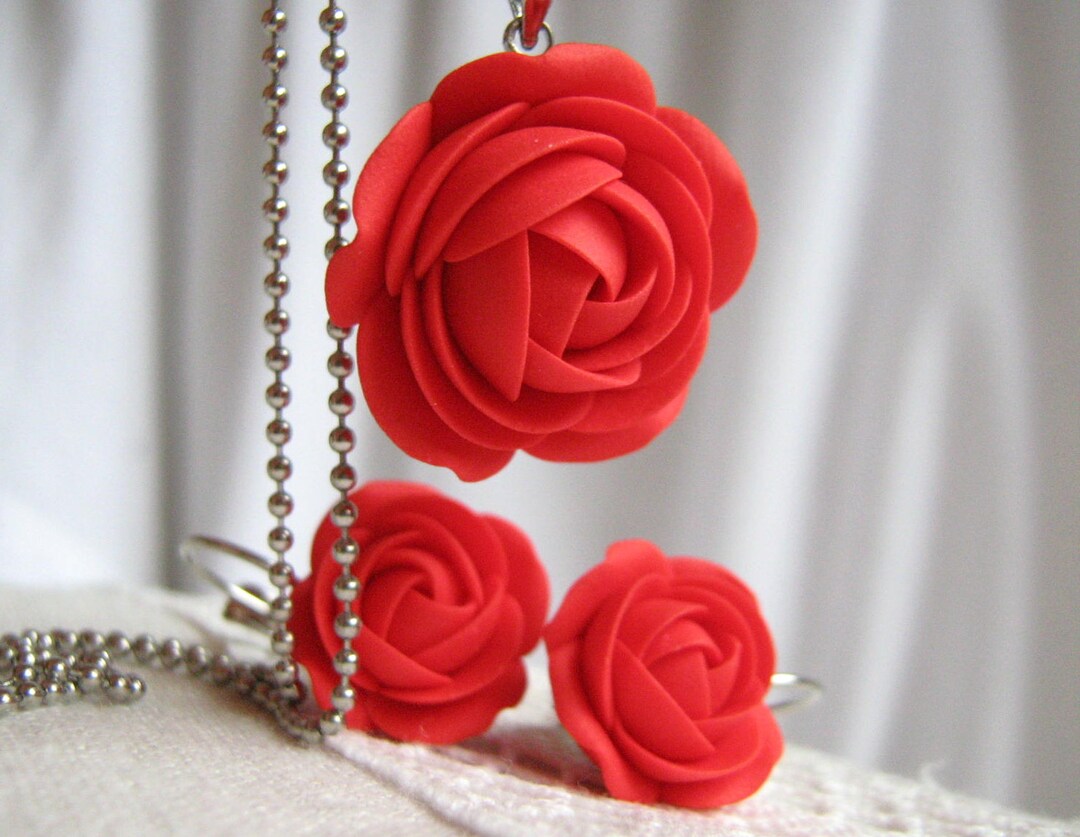 Polymer Clay Jewelry Set - Poppy Red Rose Flower Pendant With Stainless ...