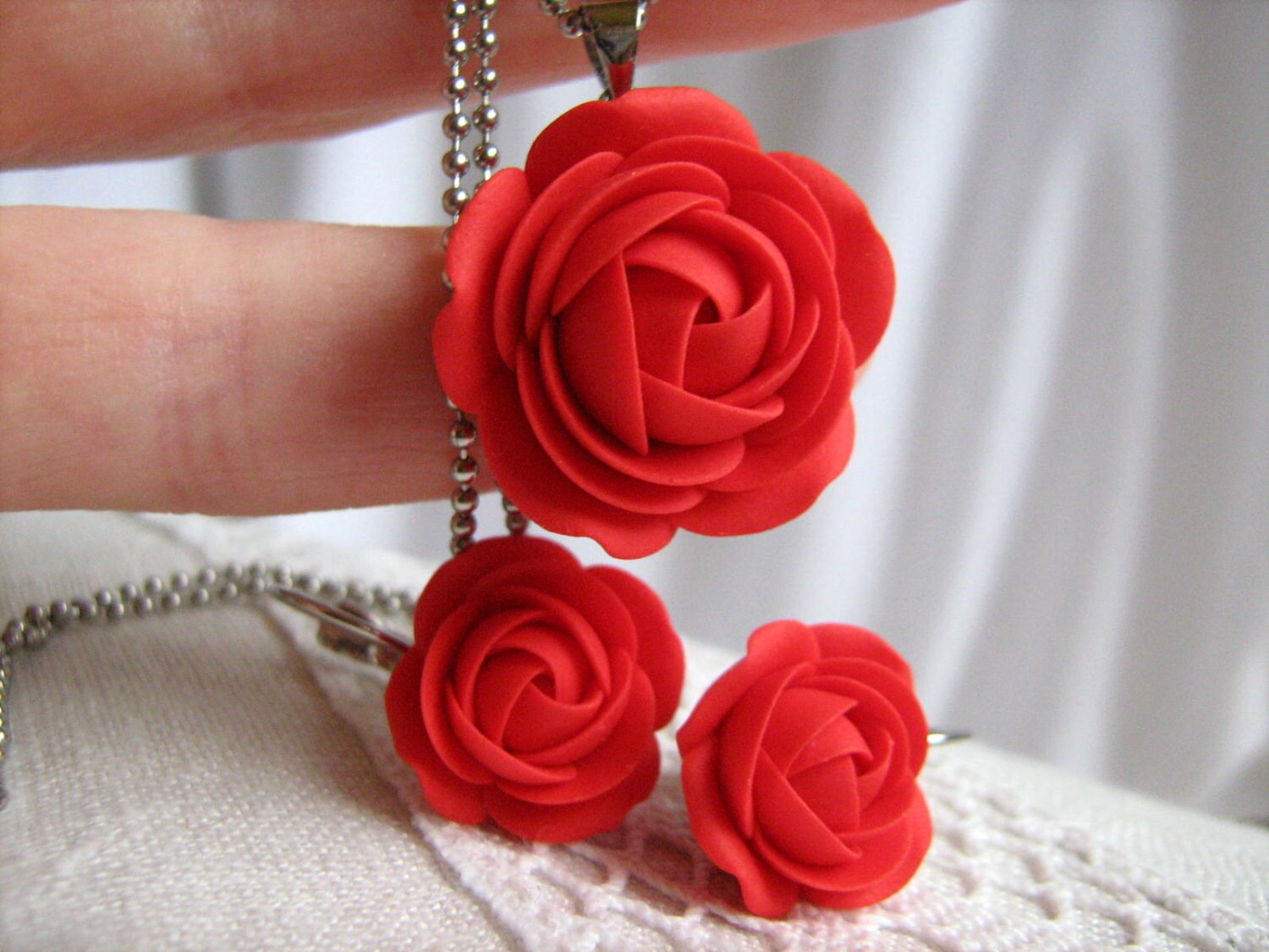 Polymer Clay Jewelry Set - Poppy Red Rose Flower Pendant With Stainless ...