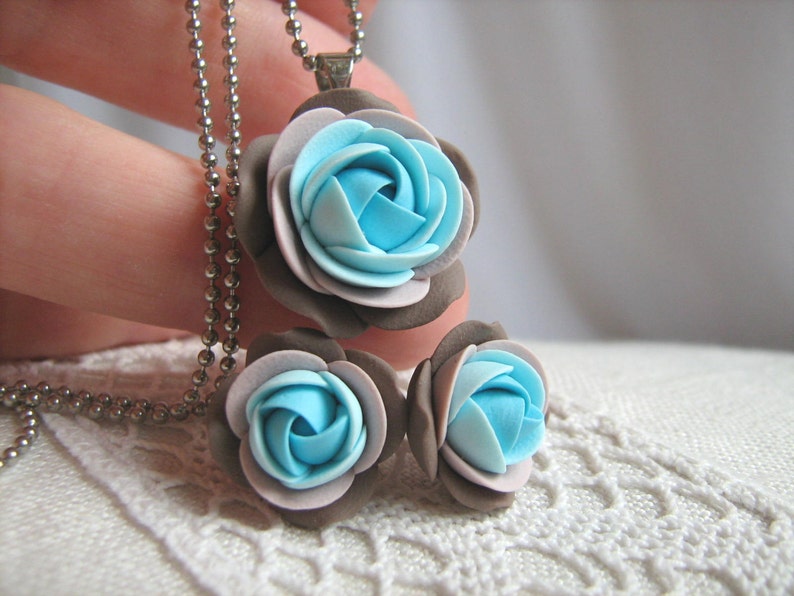 Polymer Clay Jewelry Set Shades of Turquoise and Brown Rose Flower ...