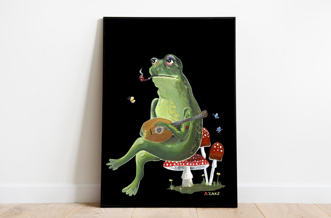 Quirky Frog Art Print Cottagecore Frog With Mandolin & Pipe, Whimsical ...