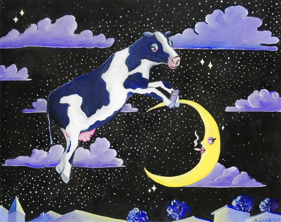 Original Art Print Cow Jumped Over the Moon Edgy Art Print Unique Cute ...