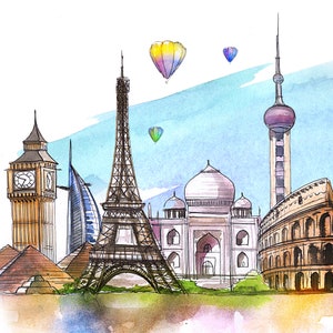 World Landmarks Watercolor Illustration: Famous Monuments Art (digital ...