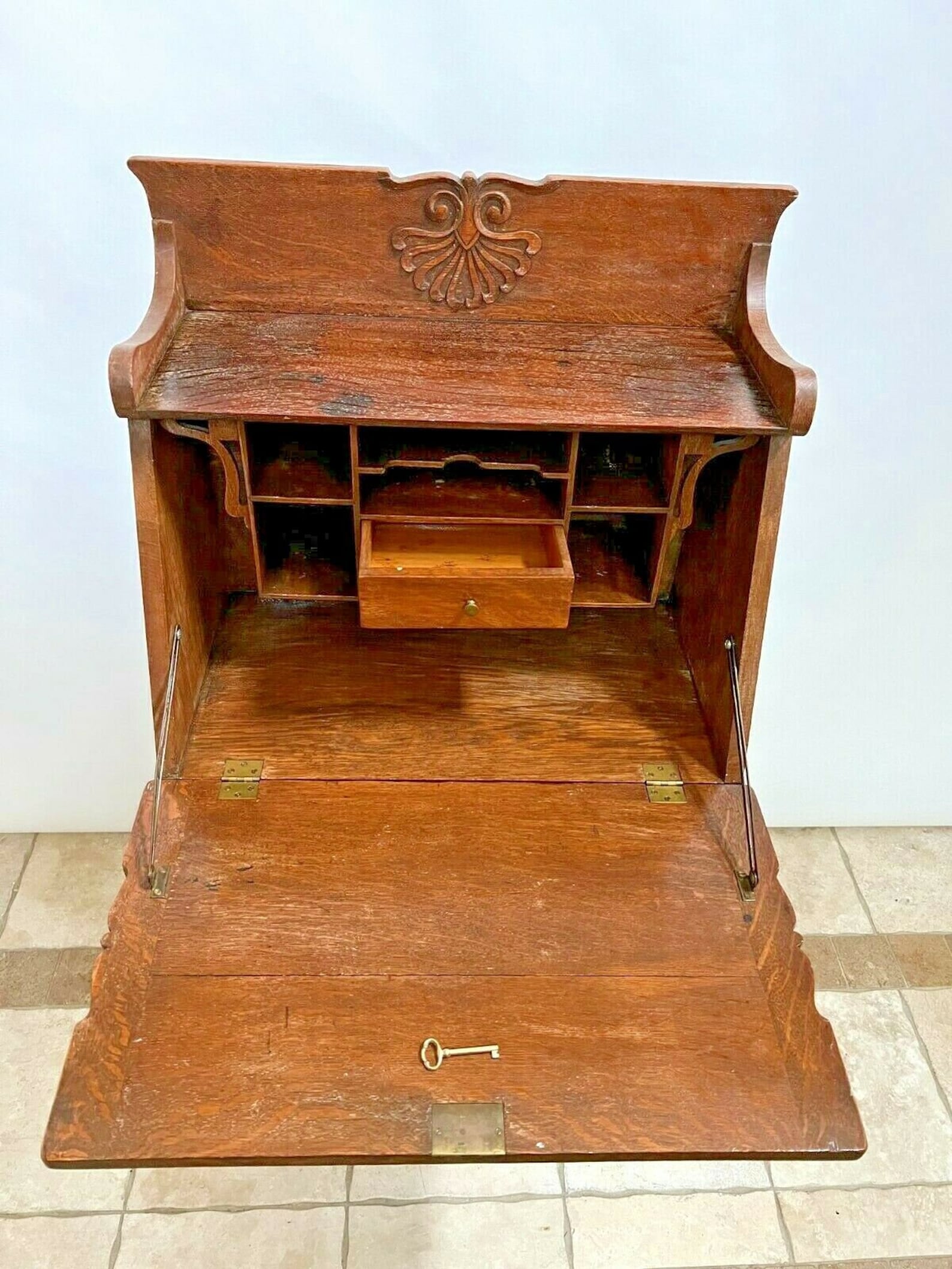 Antique Secretary Desk Solid Oak Locking Door With Key Bottom - Etsy