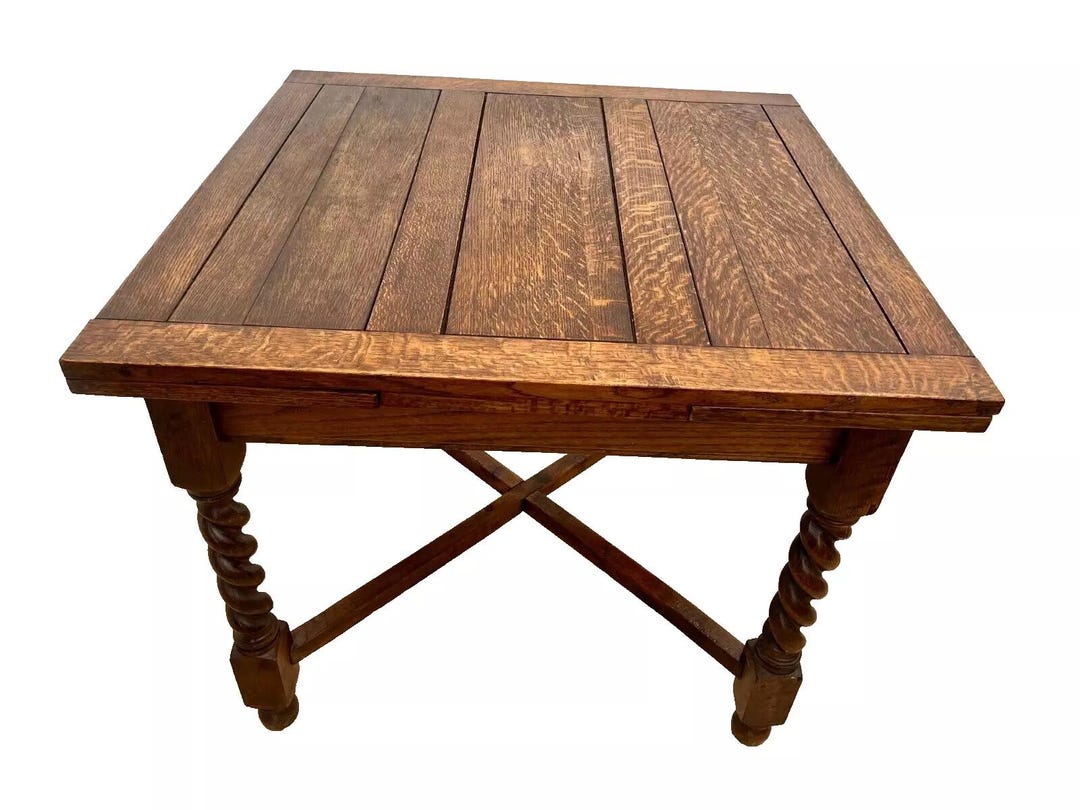 Antique Expanding Pub Kitchen Table Barley Twist Legs Quarter Sawed Oak ...