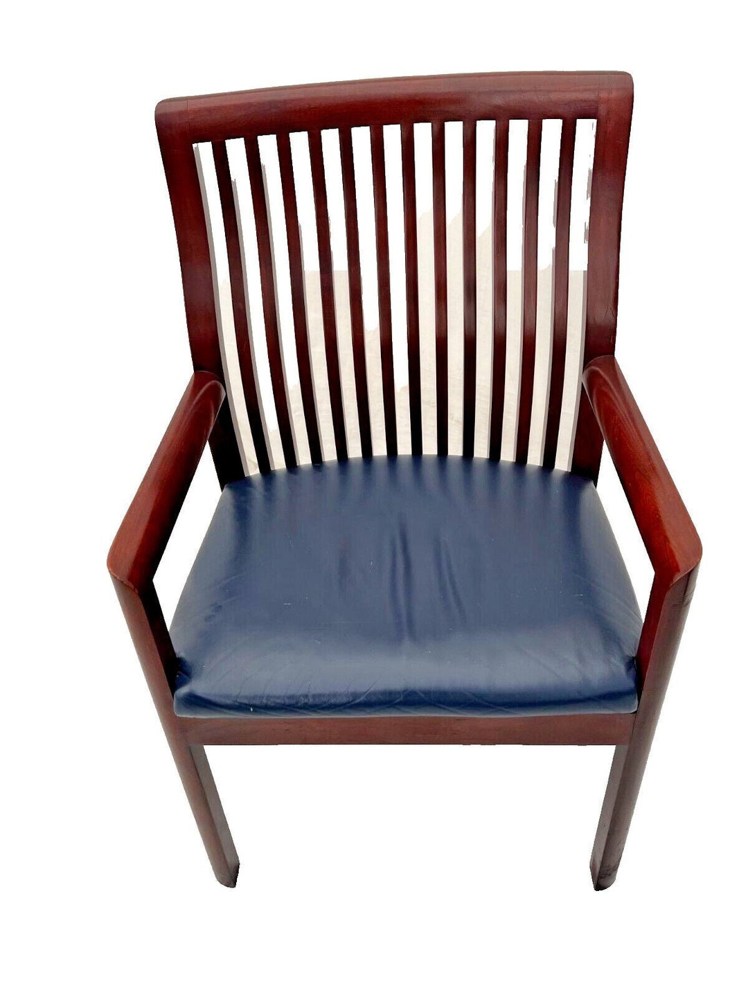 Vintage Curved Spindle Back Arm Chair Mahogany Blue Leather Seat - Etsy