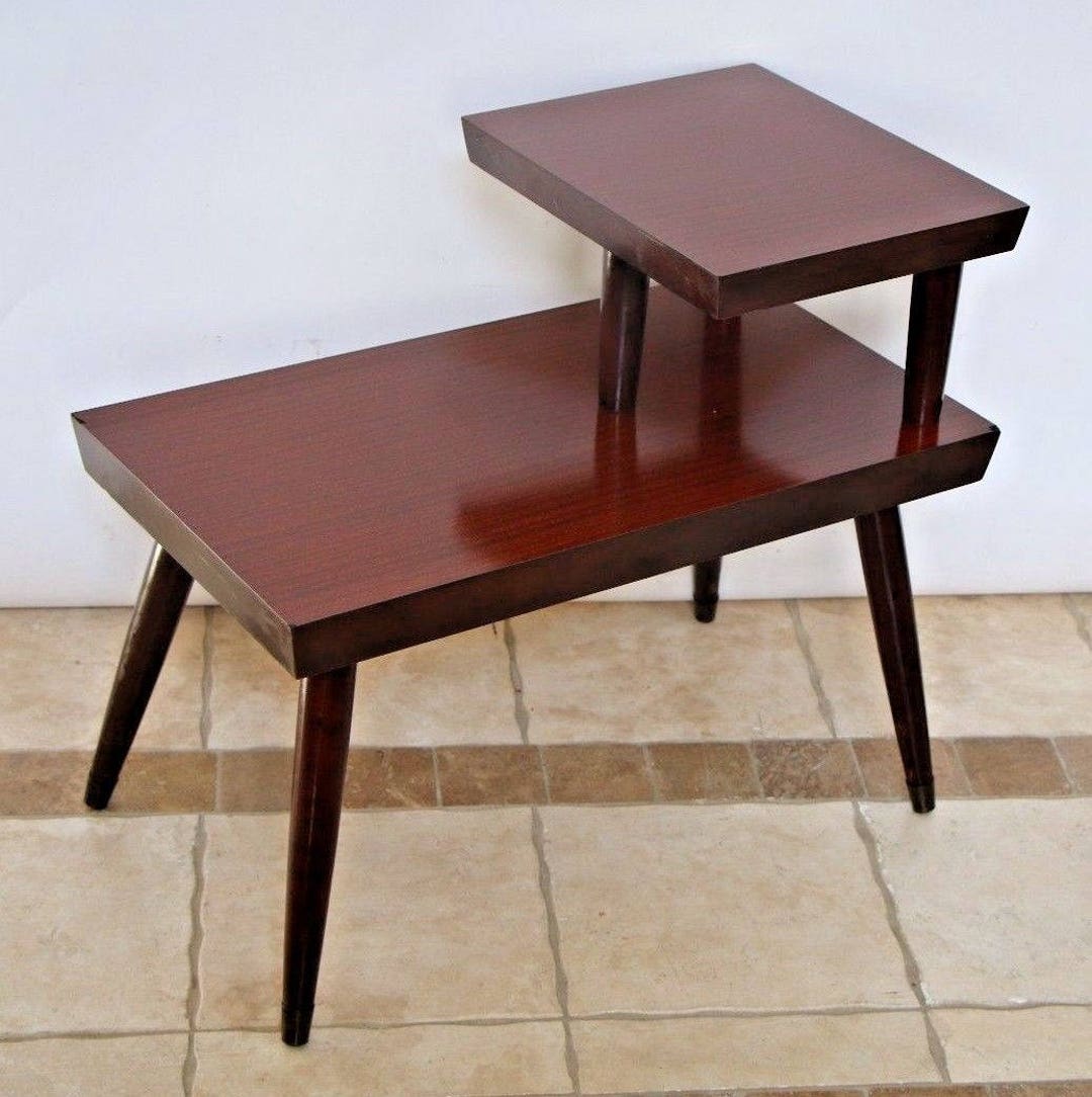 Atomic Era Mid Century Modern Brass Mahogany End Table Two Tier ...