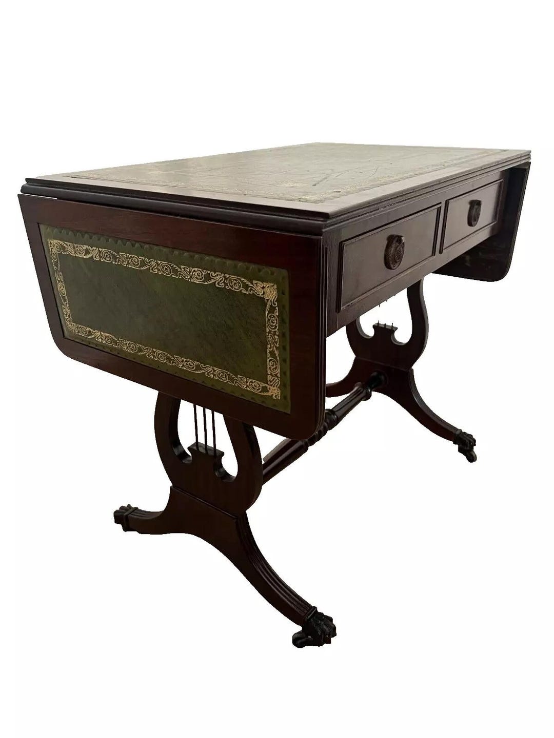 Coffee Table Lyre Violin Double Harp Pedestal Base Two Drawers Carved ...