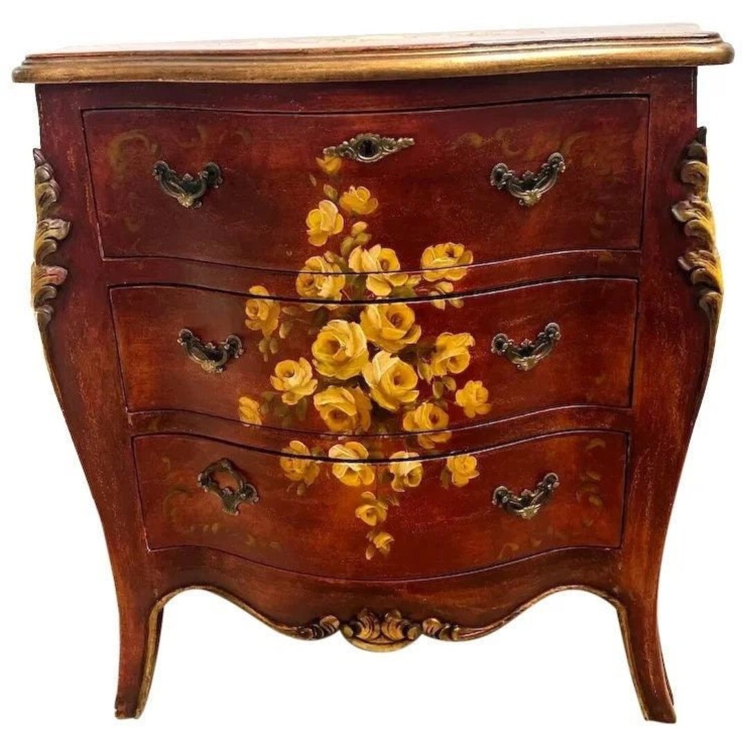 Vintage Italian Dresser Chest Three Drawers Hand Painted Roses Carvings ...