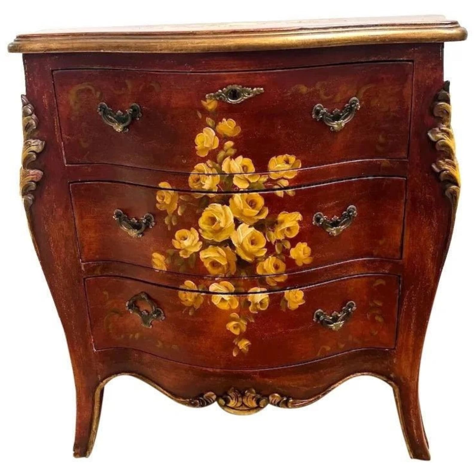 Vintage Italian Dresser Chest Three Drawers Hand Painted Roses Carvings ...
