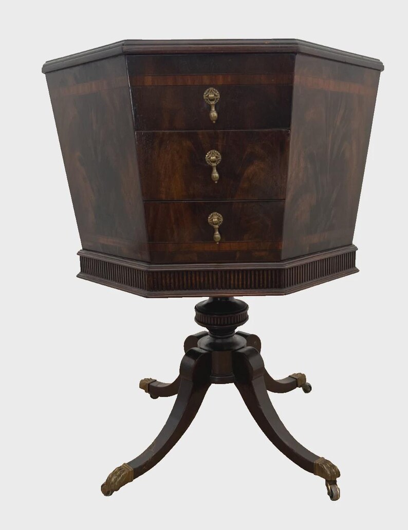 Antique Victorian Table Three Drawers Banded Mahogany Octagon Casters ...
