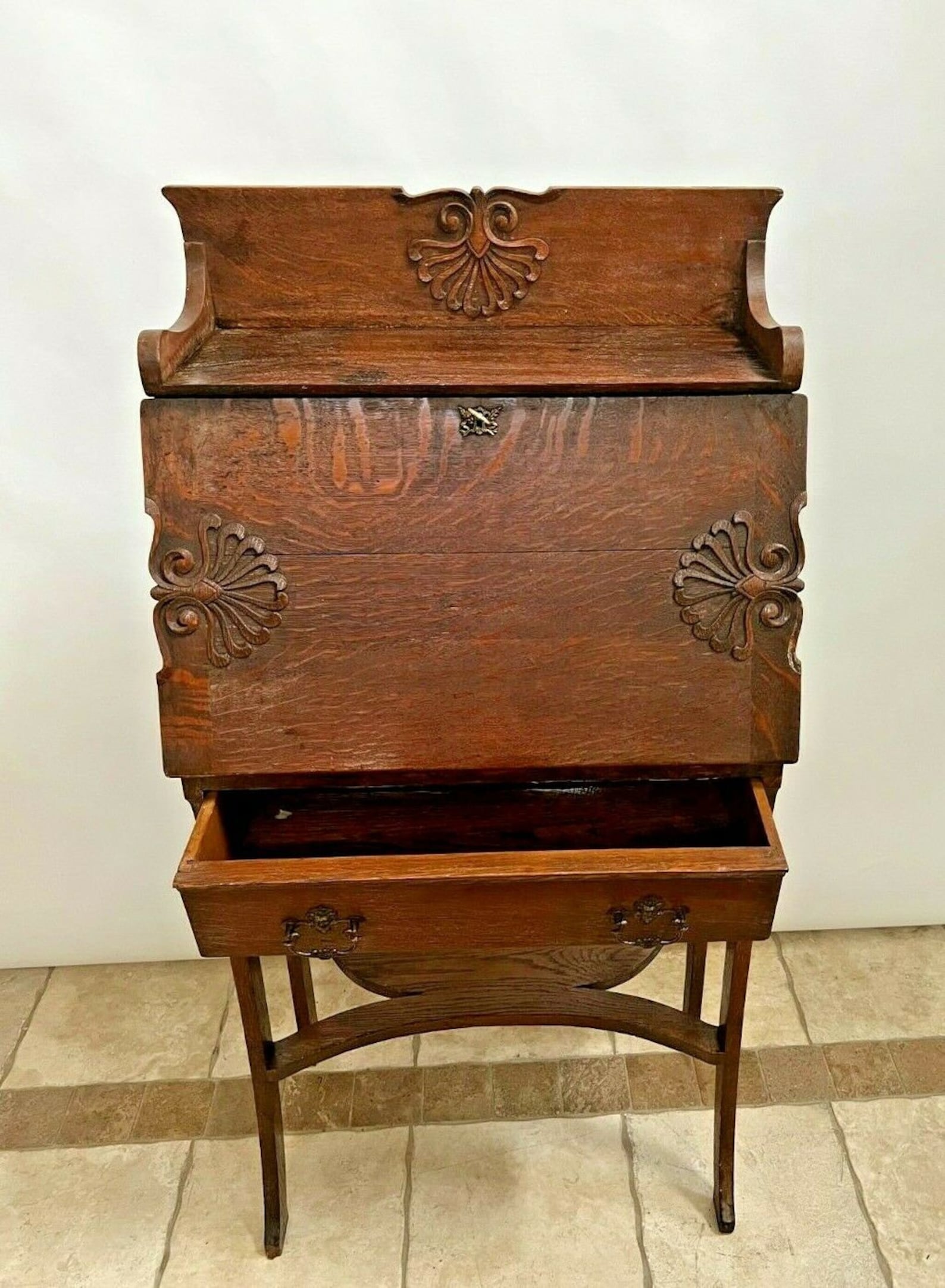 Antique Secretary Desk Solid Oak Locking Door With Key Bottom | Etsy