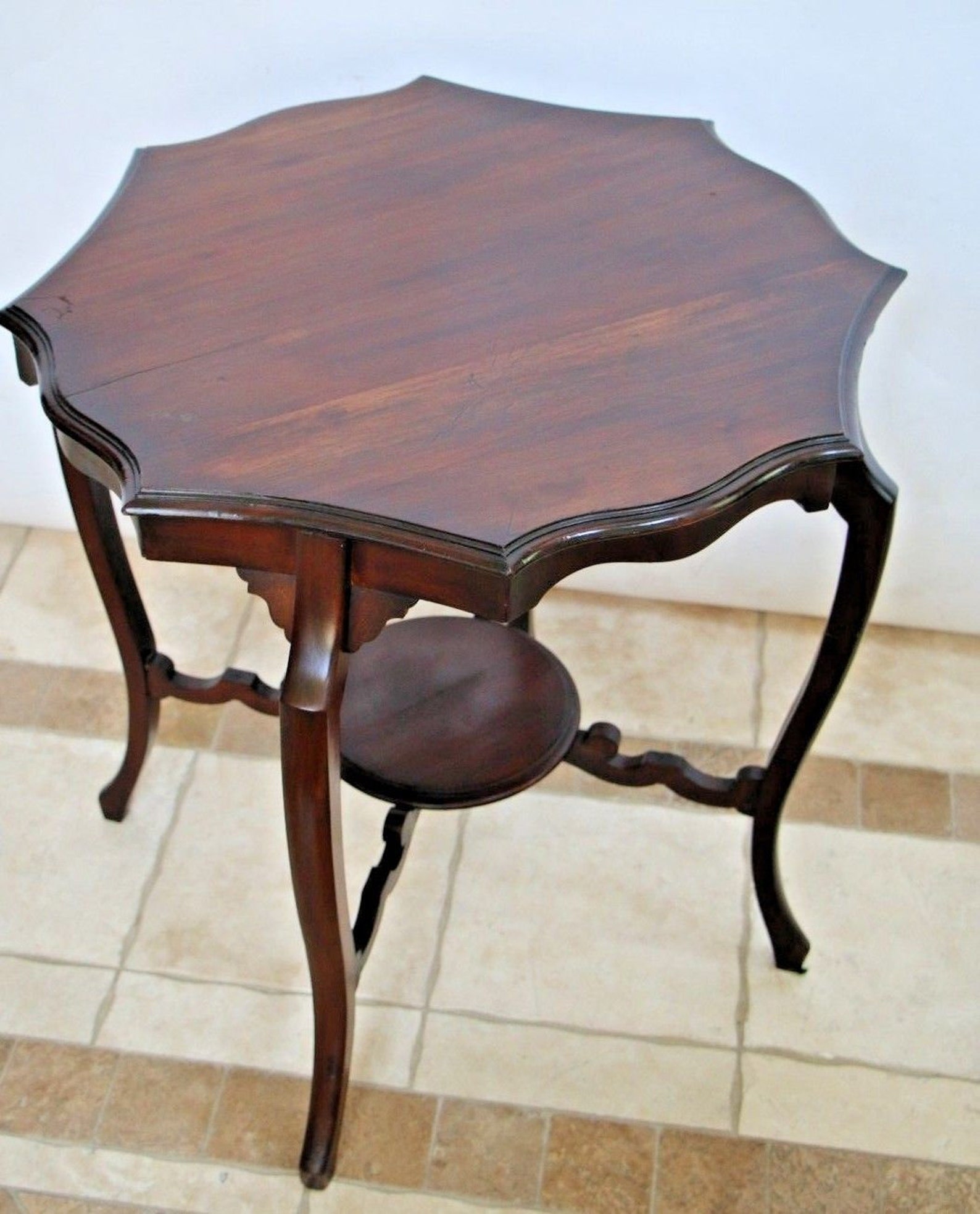 Antique Mahogany Scallop Top Wood Table With Bottom Shelf Nationwide ...