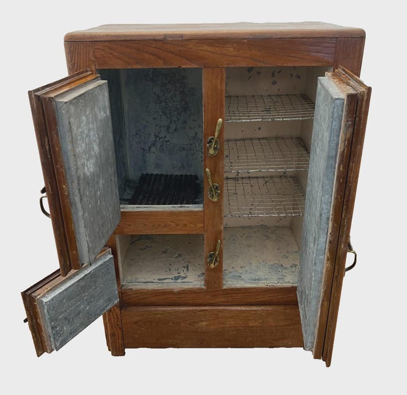 Antique Ice Box Three Storage Cabinets, Oak, Brass Latches, Three Racks ...