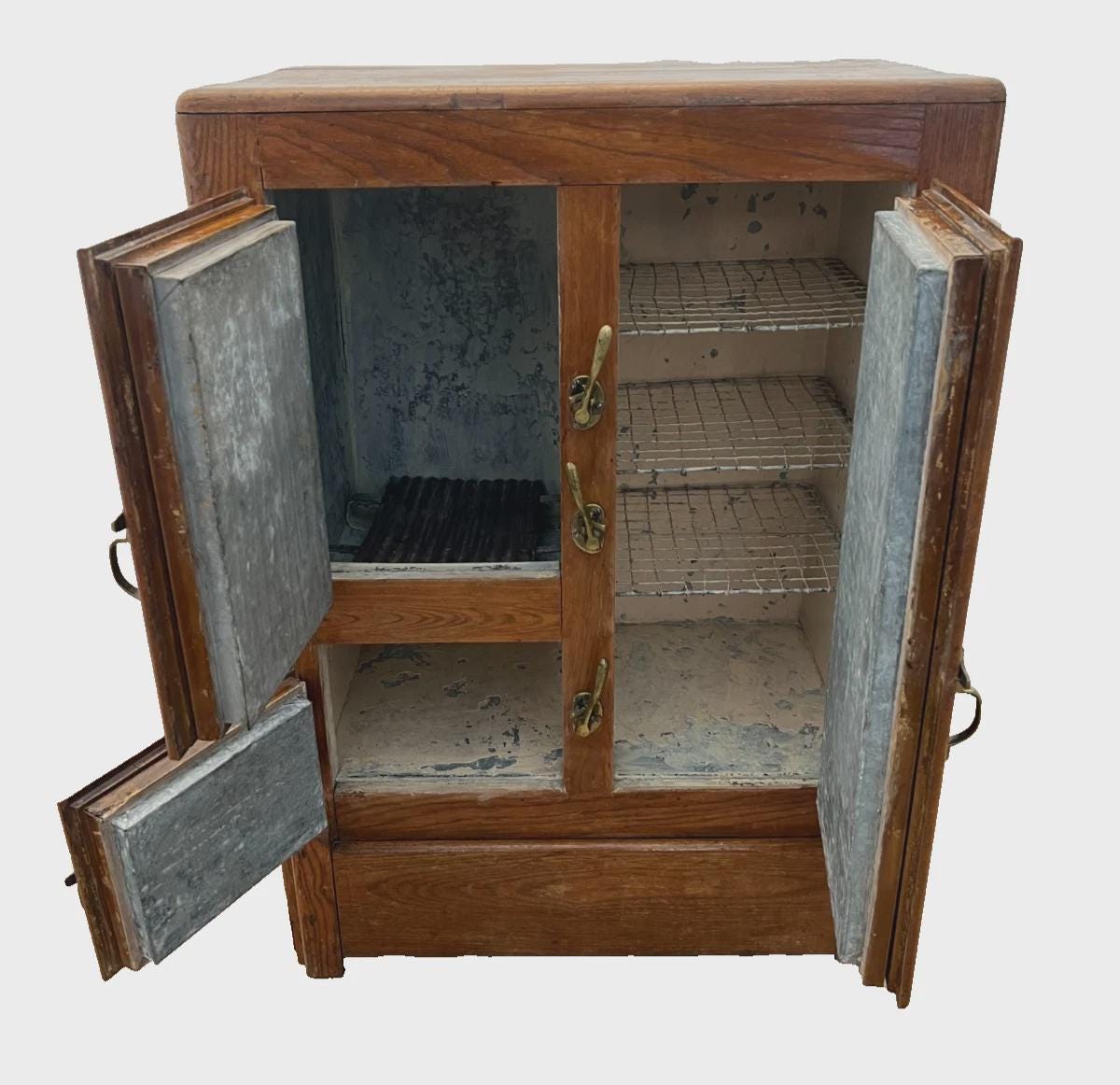 Antique Ice Box Three Storage Cabinets, Oak, Brass Latches, Three Racks ...