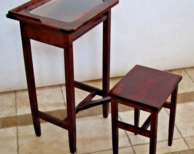 Antique Phone Table With Fold Out Seat With Original Glass Table Top ...