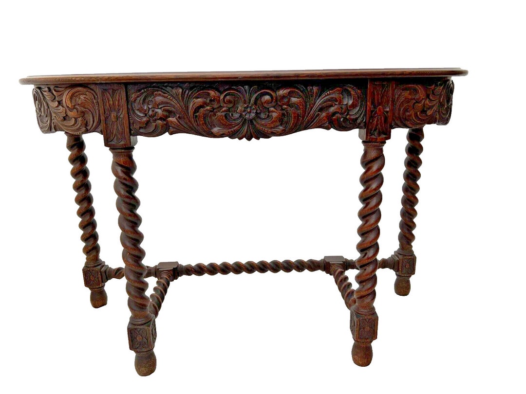 Antique Victorian Gothic Sofa Table Console Demilune Barley Twist Legs ...