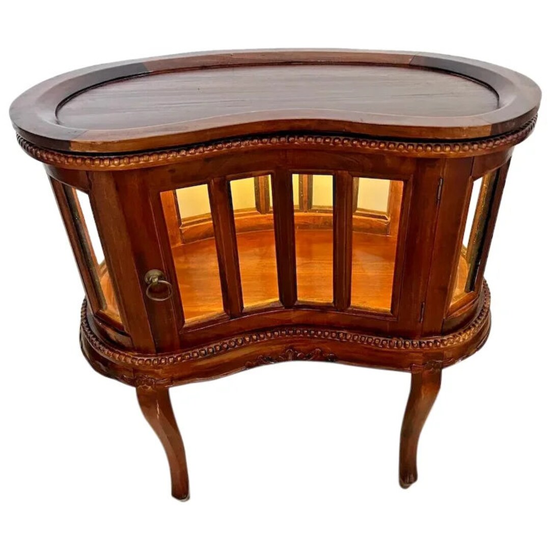 Vintage Kidney Shape China Cabinet Curio LED Lighting Beveled Glass ...