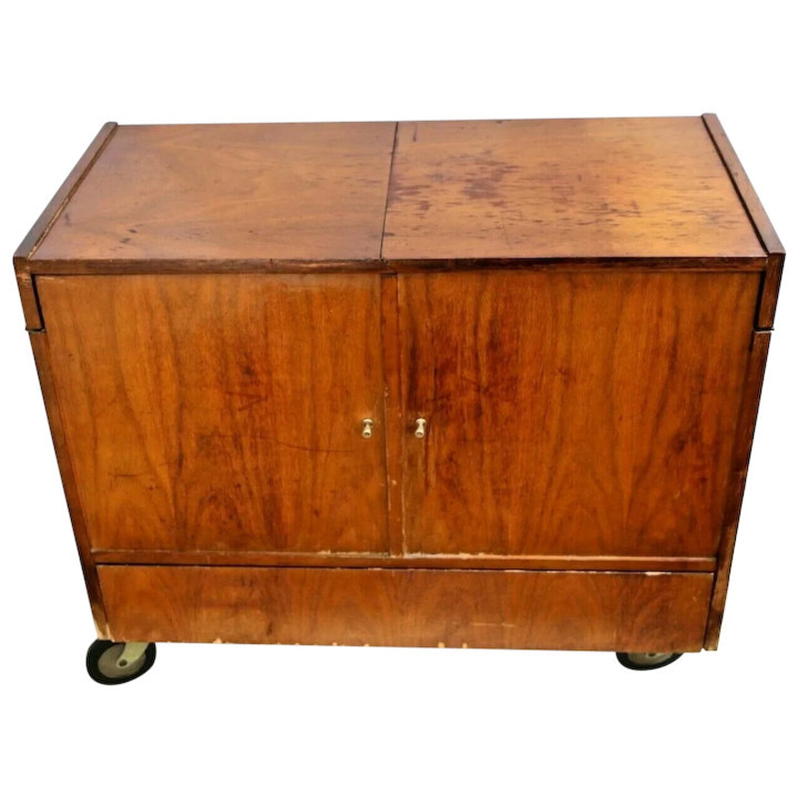 Mid Century Modern Bottle Server Cart Rolling Flip Top Hidden Bar Faux ...
