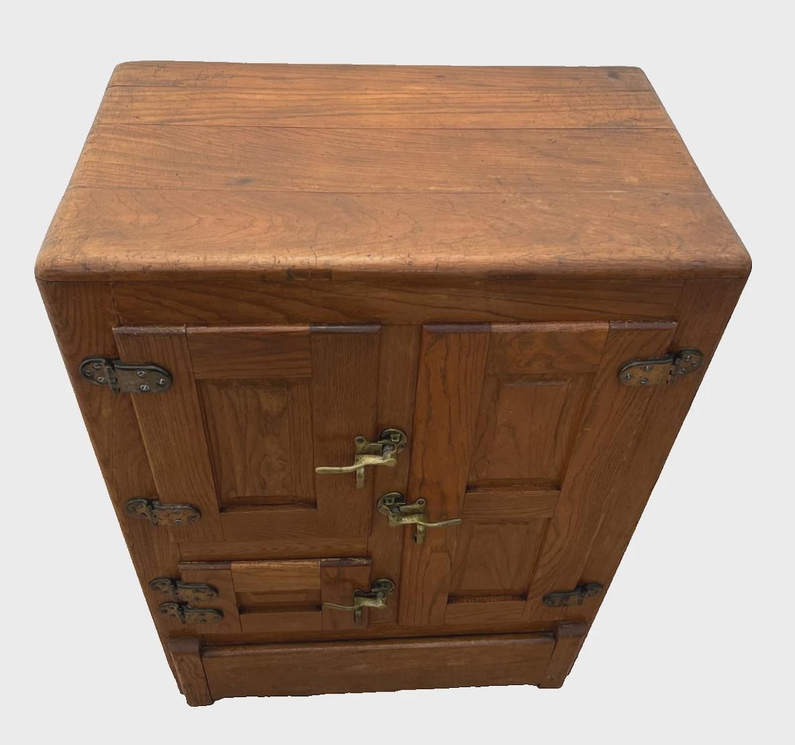 Antique Ice Box Three Storage Cabinets, Oak, Brass Latches, Three Racks ...
