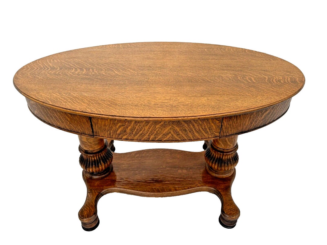 Gorgeous Oval Desk Writing Table Tiger Oak Drawer Shelf Fluted Base ...
