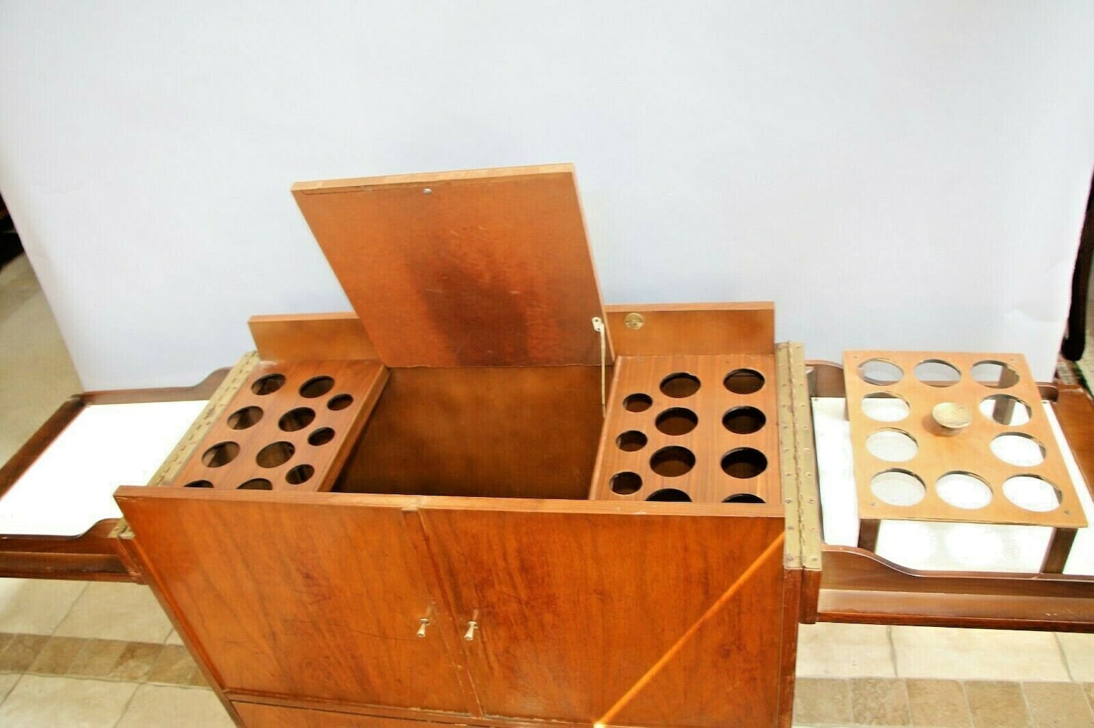 Mid Century Modern Bottle Server Cart Rolling Flip Top Hidden Bar Faux ...