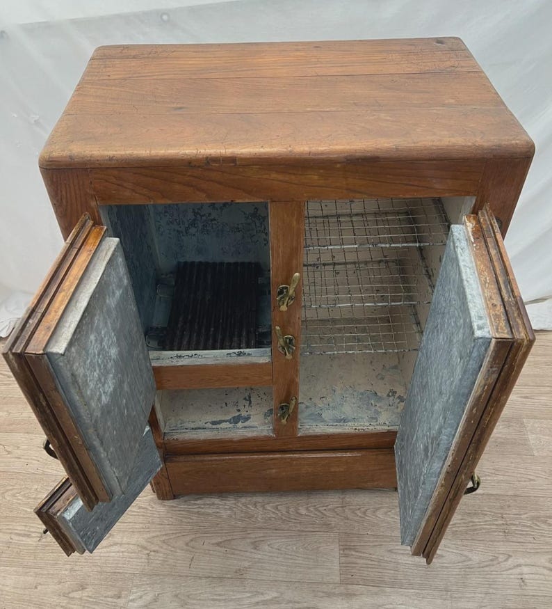Antique Ice Box Three Storage Cabinets, Oak, Brass Latches, Three Racks ...