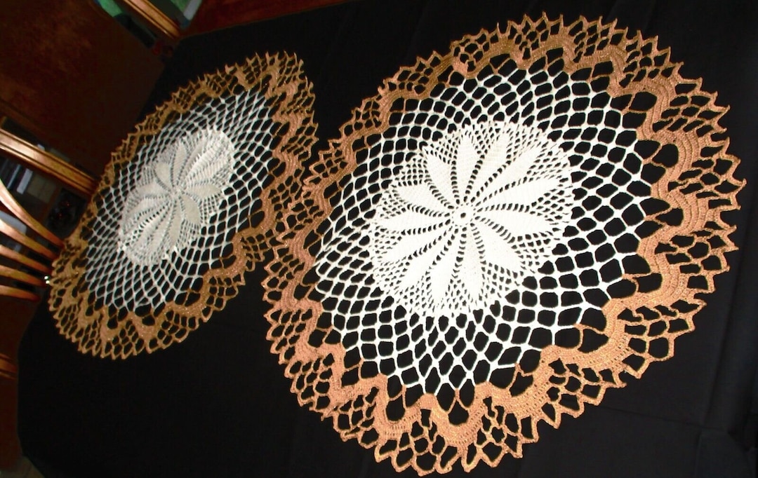 Handmade Vintage Crochet Centerpiece Doilie Set 2 Round 22" Golden ...