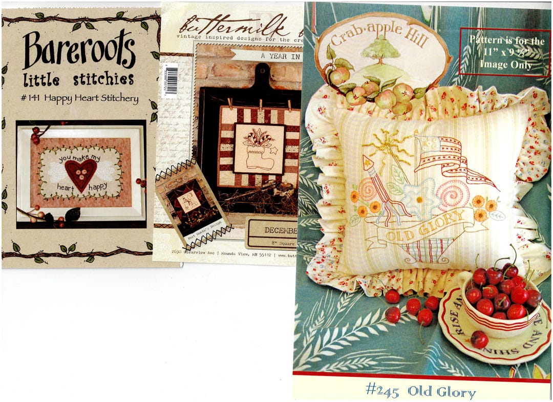 Lot of 3 Stitchery Embroidery Pattern Crab Apple Hill, Bareroots ...
