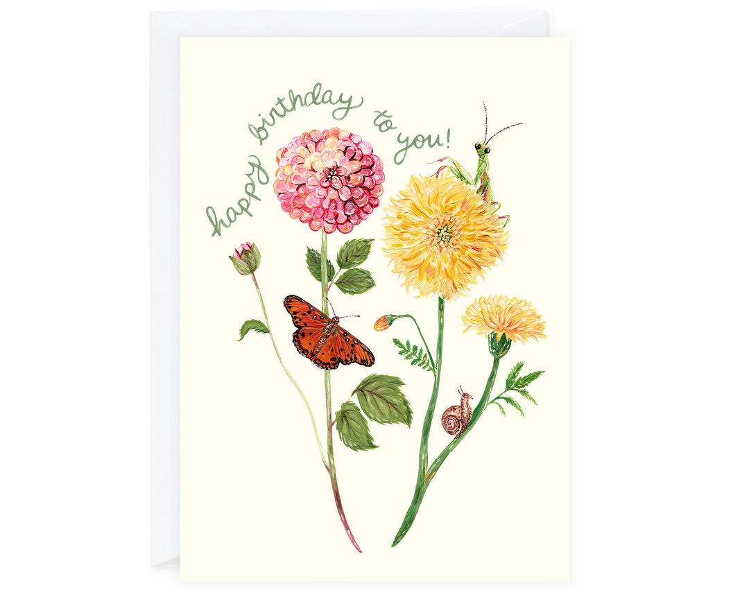 Botanical Birthday Card: Praying Mantis, Butterfly, Dahlia (recycled ...