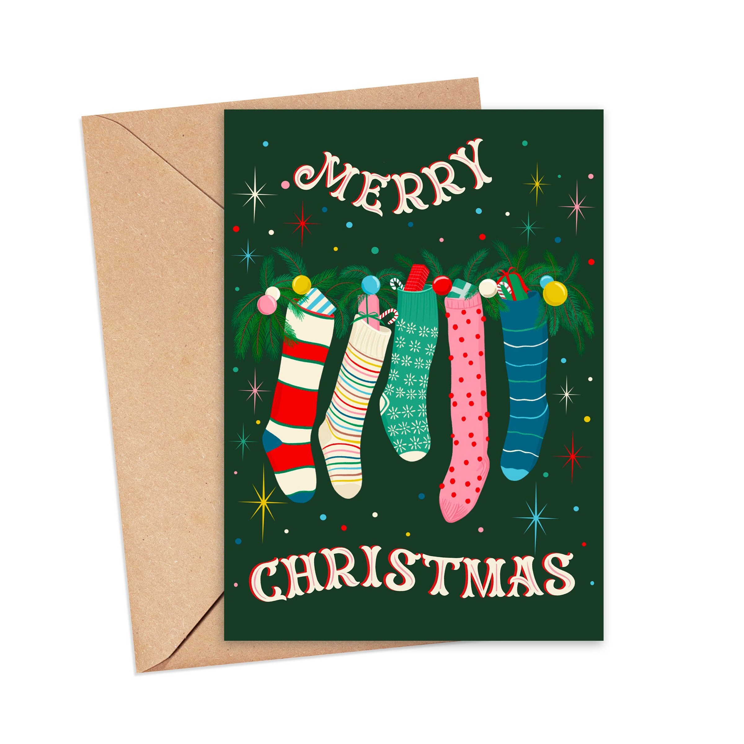 Festive Stockings Christmas Card, Holiday Card, Colorful Christmas Card ...