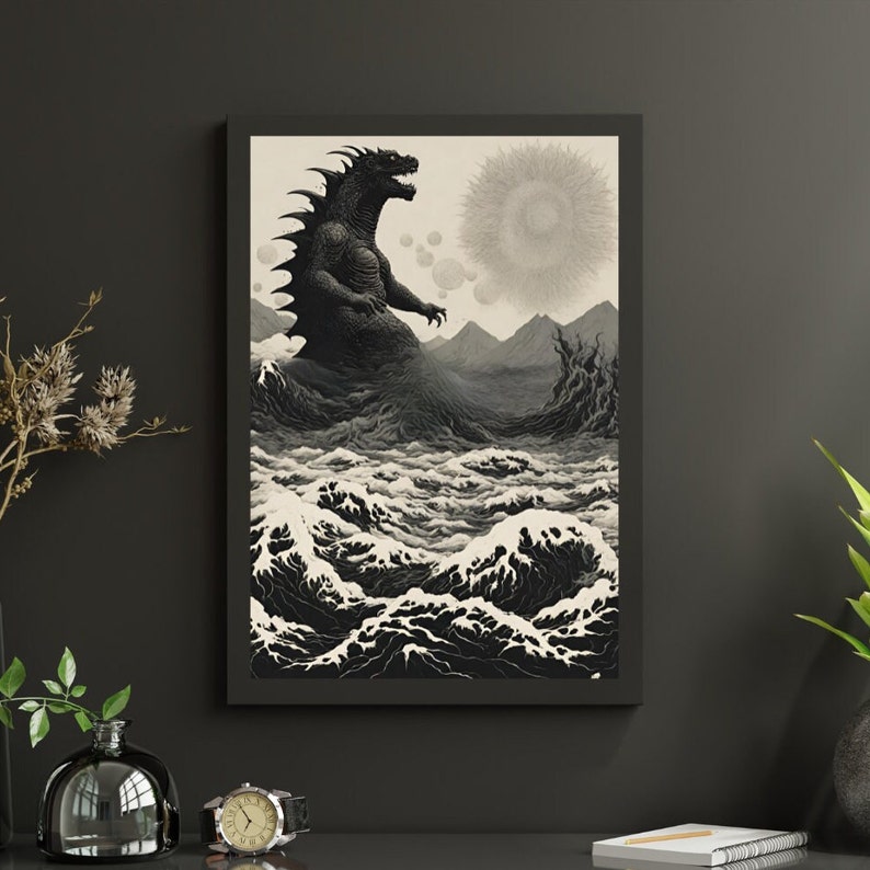 Digital Godzilla / Gojira Poster Print Abstract Japanese Ukiyo-e Style ...