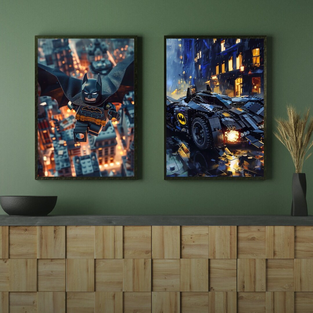 Brick Batman and Batmobile in Digital Printable Poster Set caped Brick ...