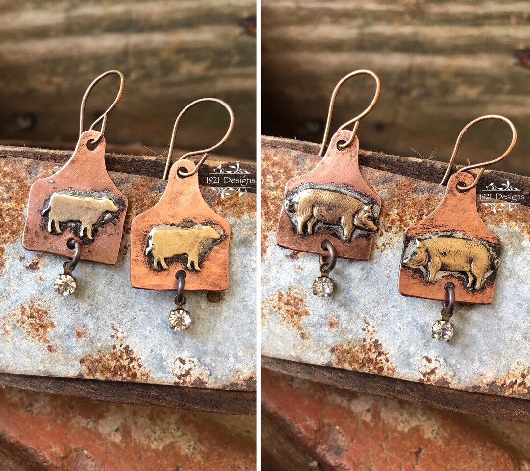 Chicken - Cow - Pig Cow Tag Earrings - Hand Made - Etsy