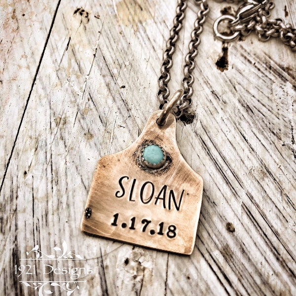 Personalized Cow Tag Turquoise Necklace - Etsy