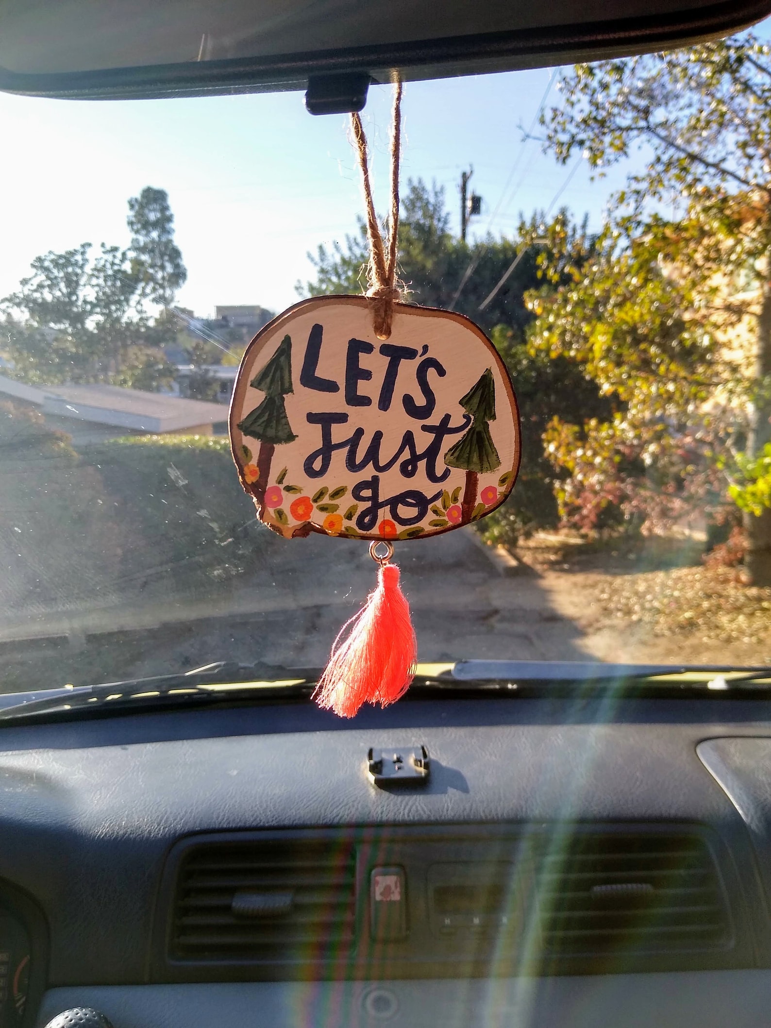 Let's Just Go Wood Slice Car Charm Rearview Mirror | Etsy