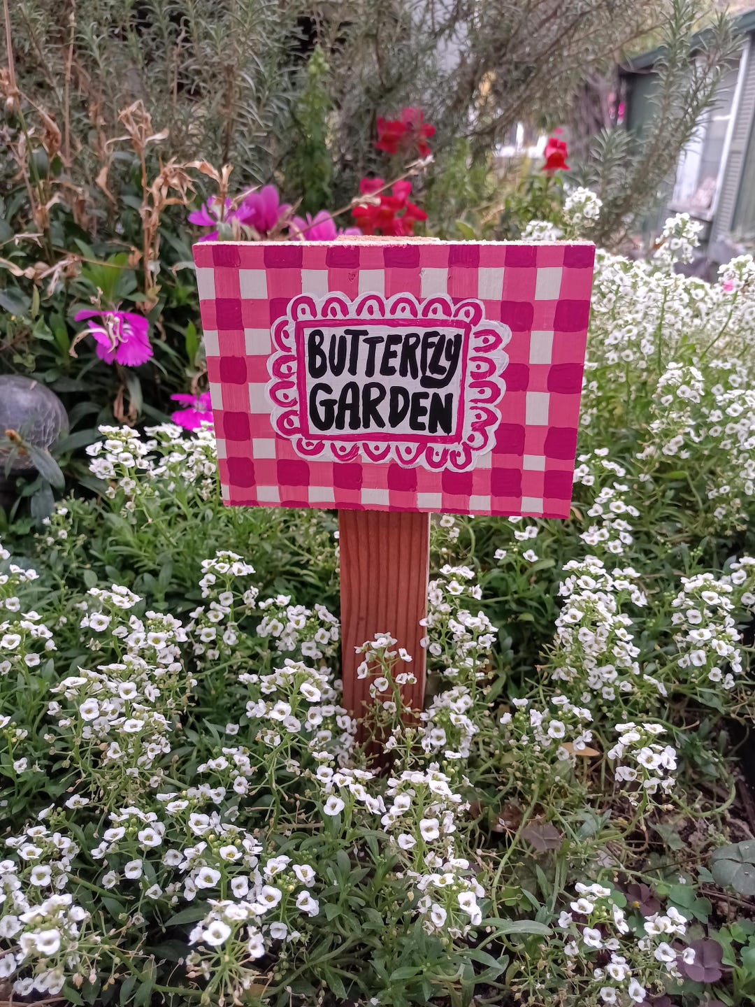 Butterfly Garden Sign Flower Garden Gift Gingham Wood Garden Sign ...