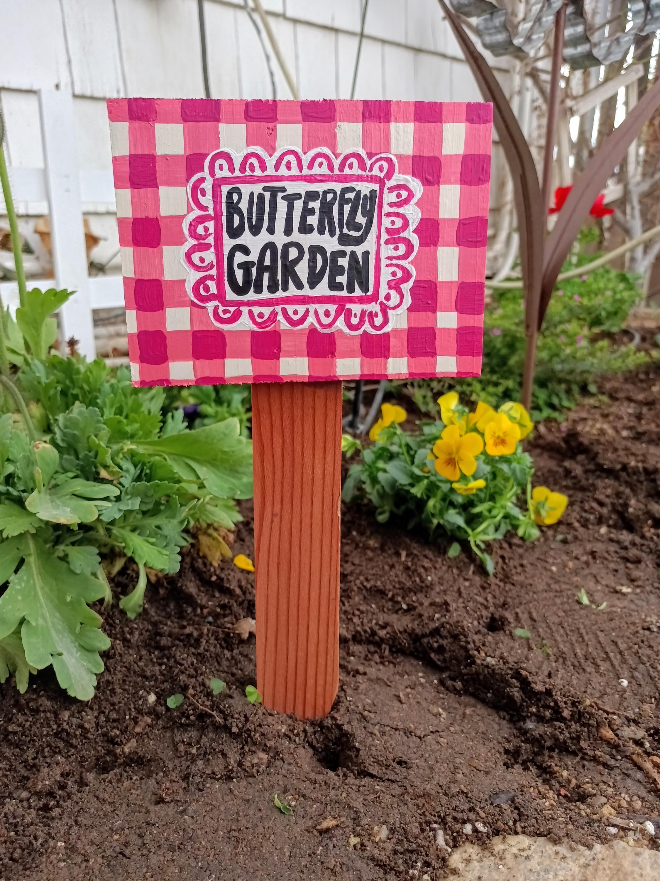 Butterfly Garden Sign Flower Garden Gift Gingham Wood Garden Sign ...