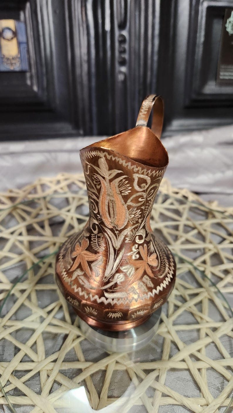 Vintage Copper Pitcher With Etched Floral and Leaf Design - Etsy